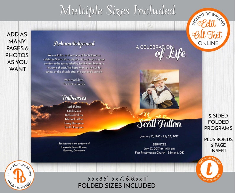 Sunset Sunrays Funeral Program Template, Obituary/order of Service ...