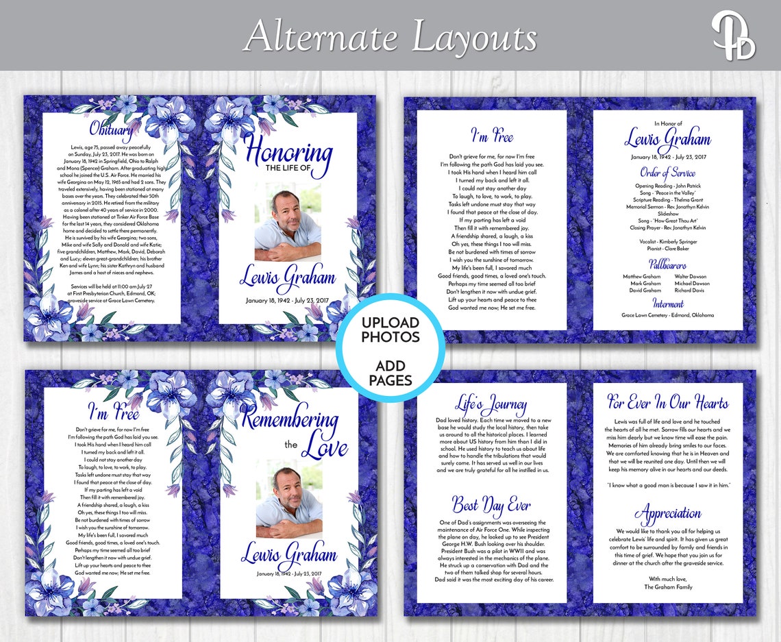 Blue Floral Border Funeral Program Template Obituary/order of - Etsy