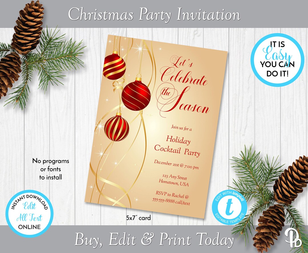 Elegant Red and Gold Ornament Christmas Party Invitation, Holiday Party ...
