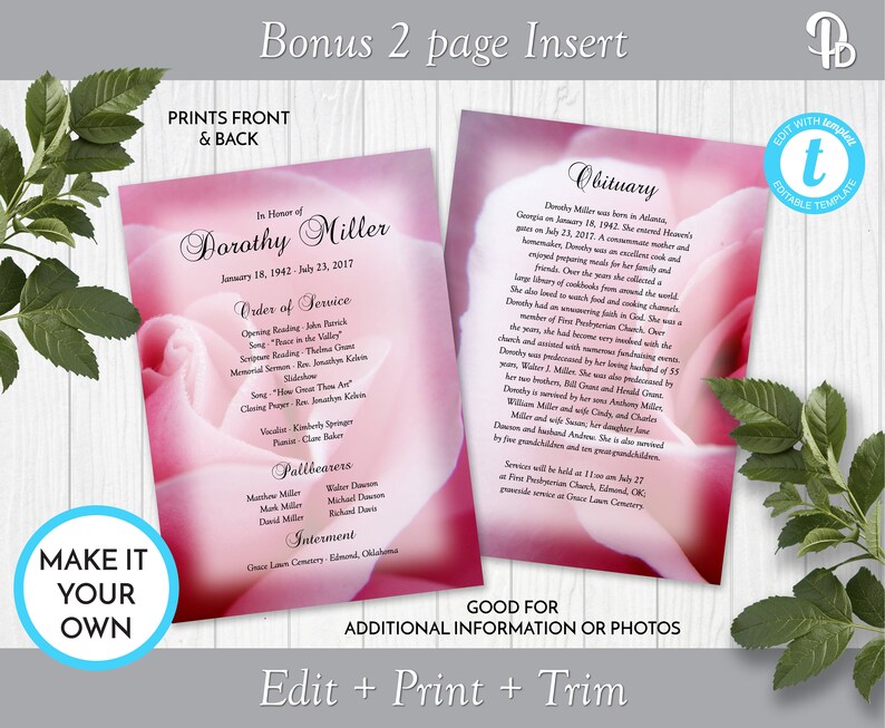 Delicate Pink Rose Funeral Program Template Obituary/Order of | Etsy