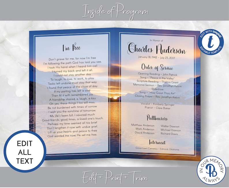 Enchanted Sunset Funeral Program, Obituary Template, Celebration of ...