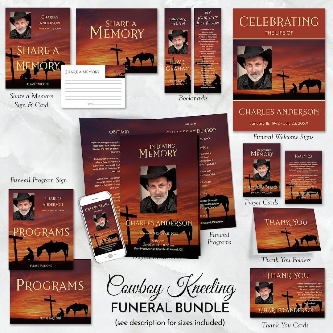 Cowboy Kneeling at Sunset Funeral Program Bundle, Bookmarks, Prayer ...