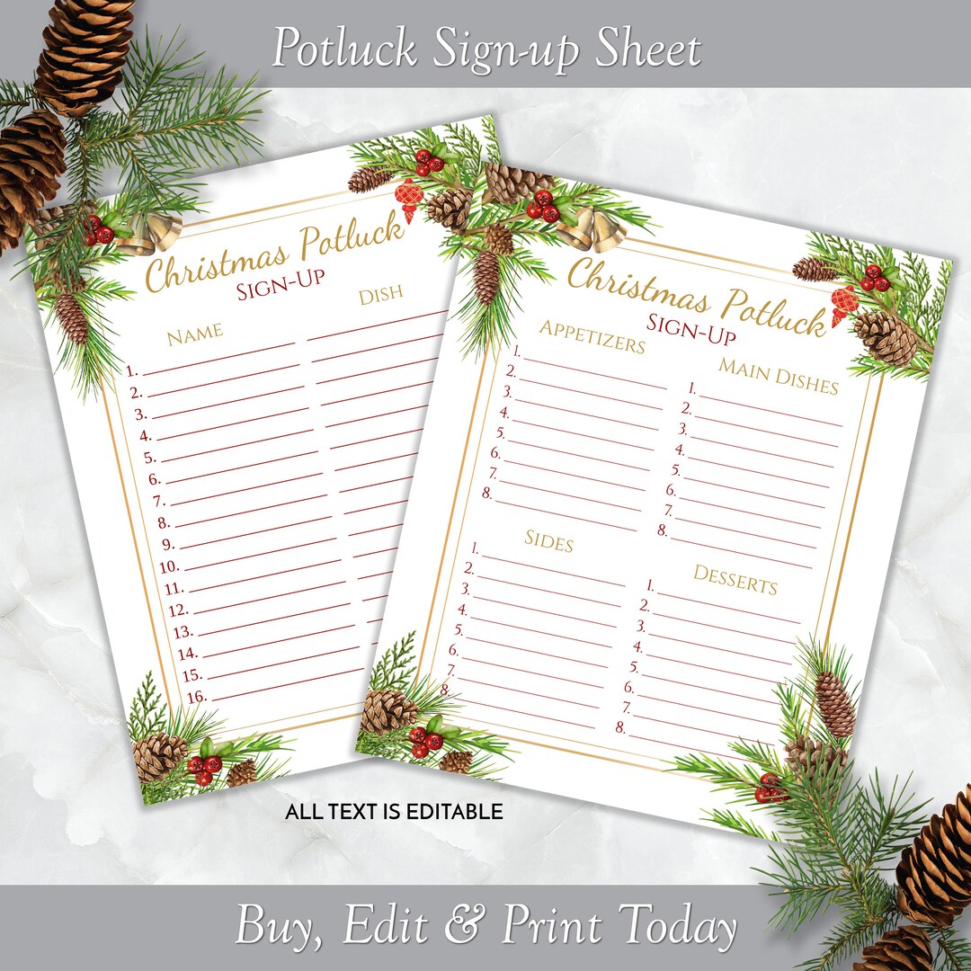 Editable Christmas Holiday Potluck Sign up Sheet, Printable Work ...