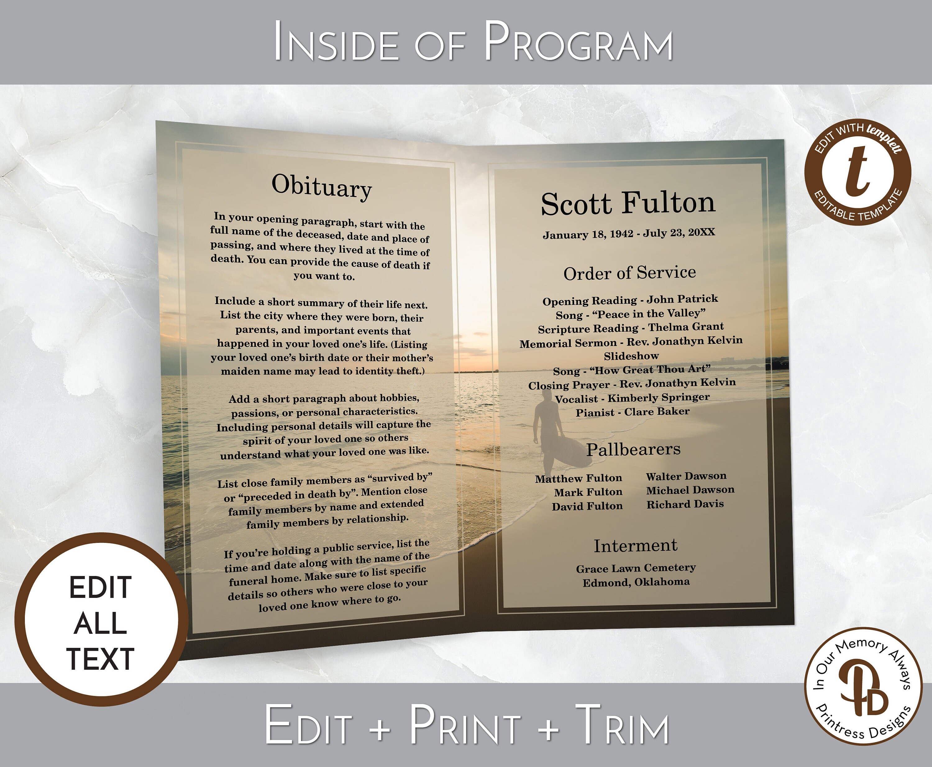 Surfer at Sunset Funeral Program, Obituary Template, Ocean Sunset ...