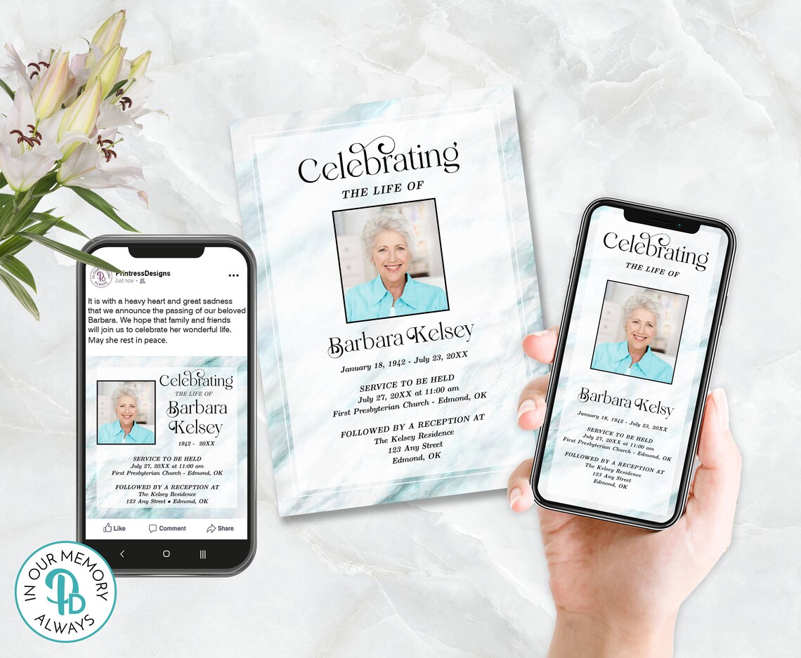 Teal Marble Funeral Invitation Electronic Funeral - Etsy