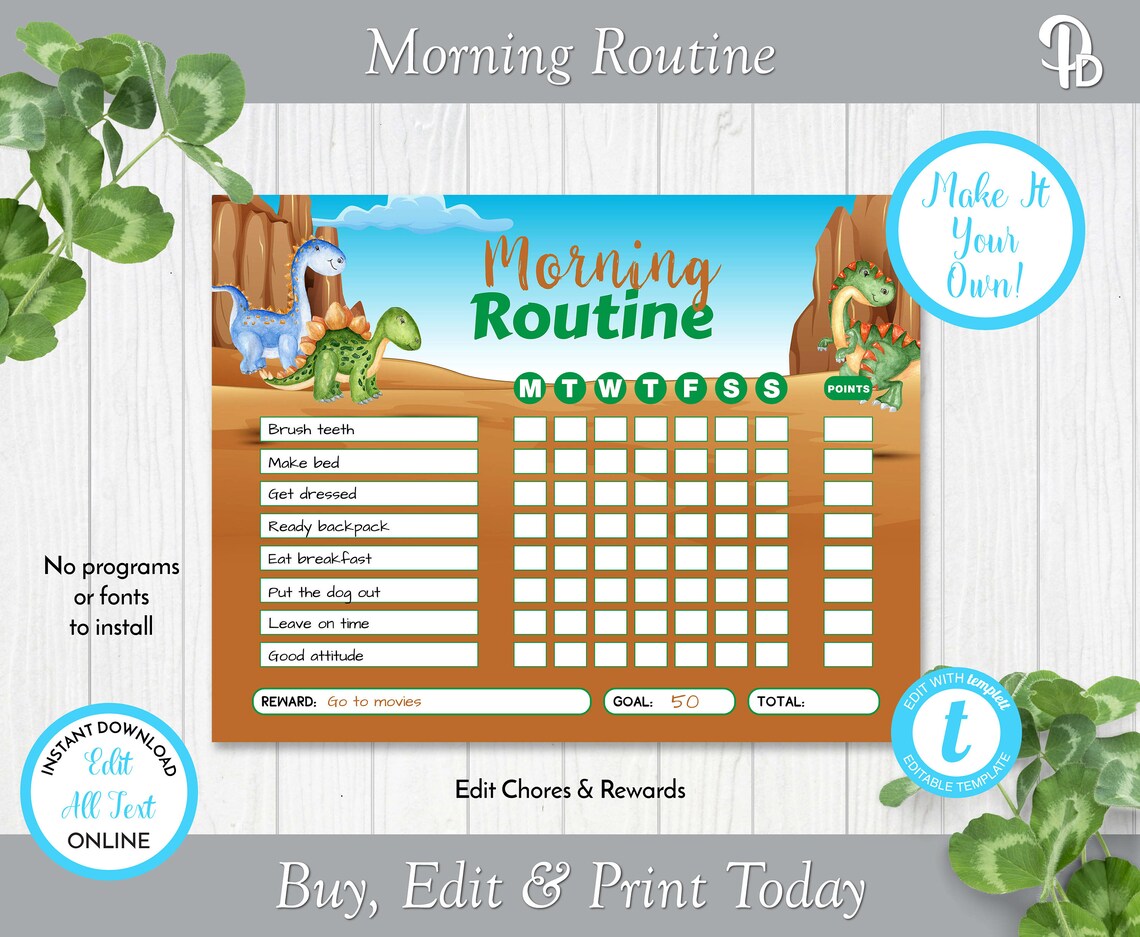 Dinosaur Children's Daily Routine Charts Morning Routine - Etsy