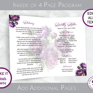 Purple Peonies Funeral Program Template, Celebration of Life Memorial ...