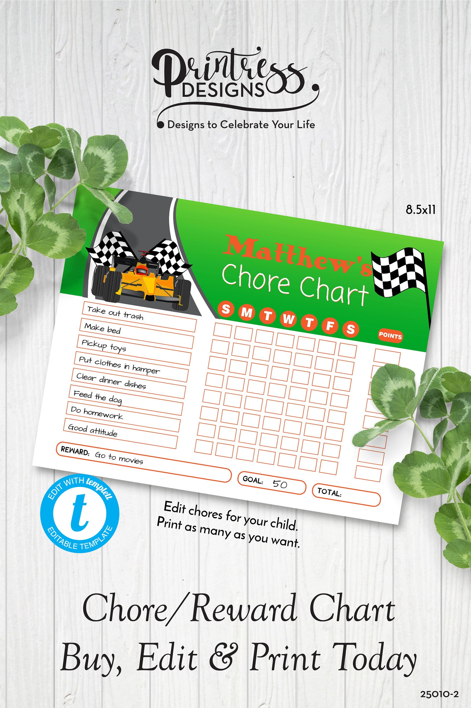 Race Car Children's Chore Chart Editable Reward Chart | Etsy