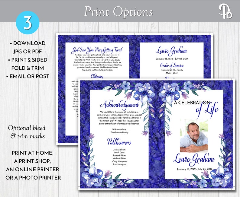 Blue Floral Border Funeral Program Template Obituary/order of - Etsy