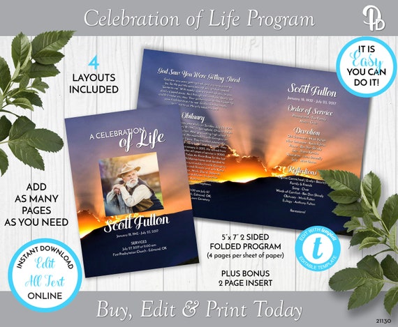 Sunset Sunrays Funeral Program Template Obituary/order of - Etsy