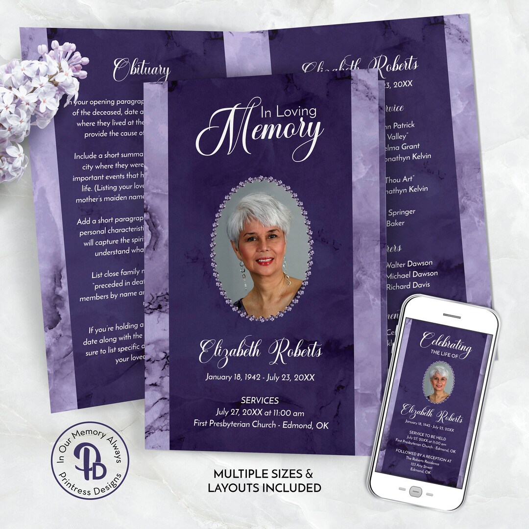 Purple Marble Funeral Program, Obituary Template, Celebration of Life ...