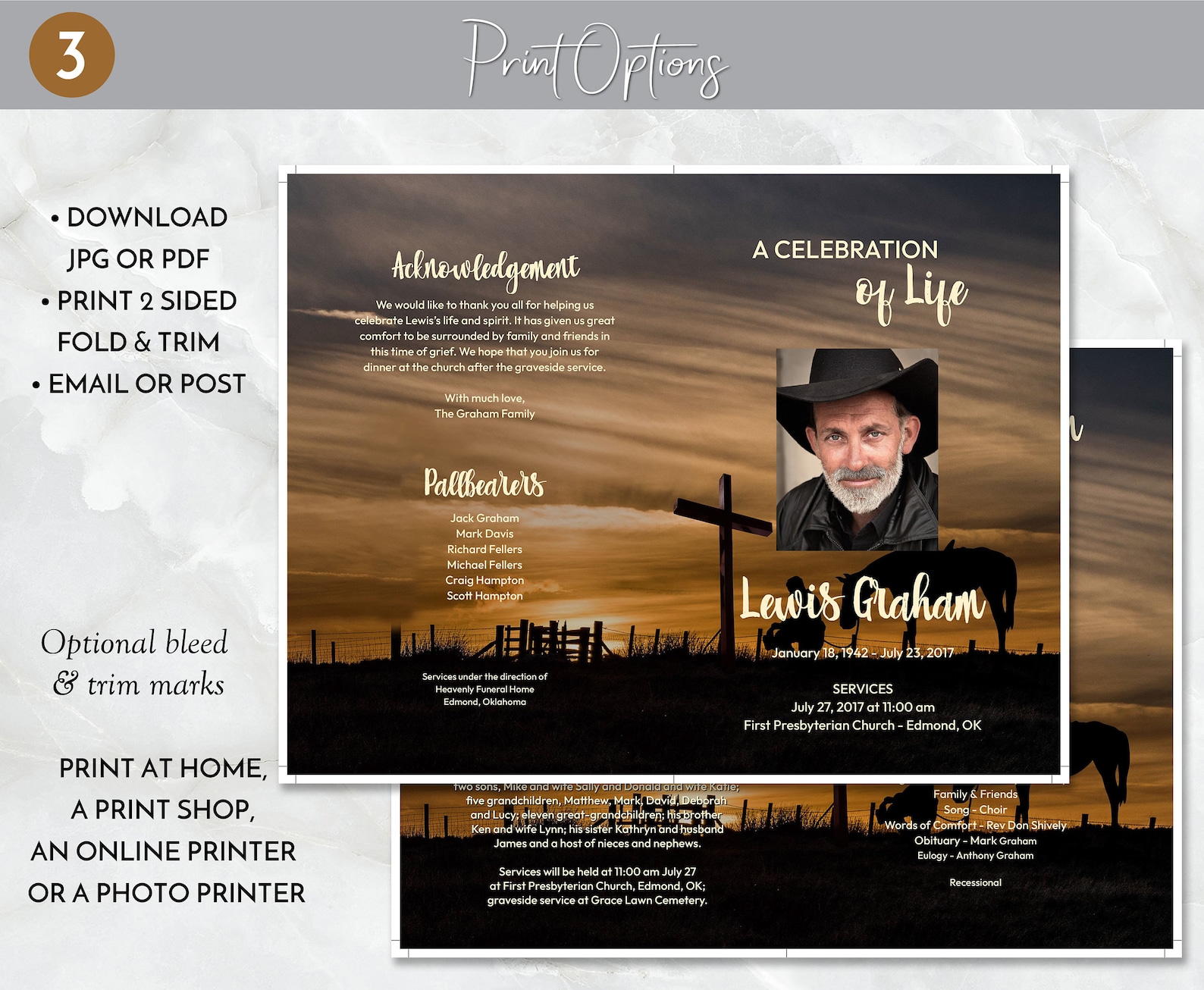 Cowboy Kneeling at a Cross Funeral Program, Obituary Template ...