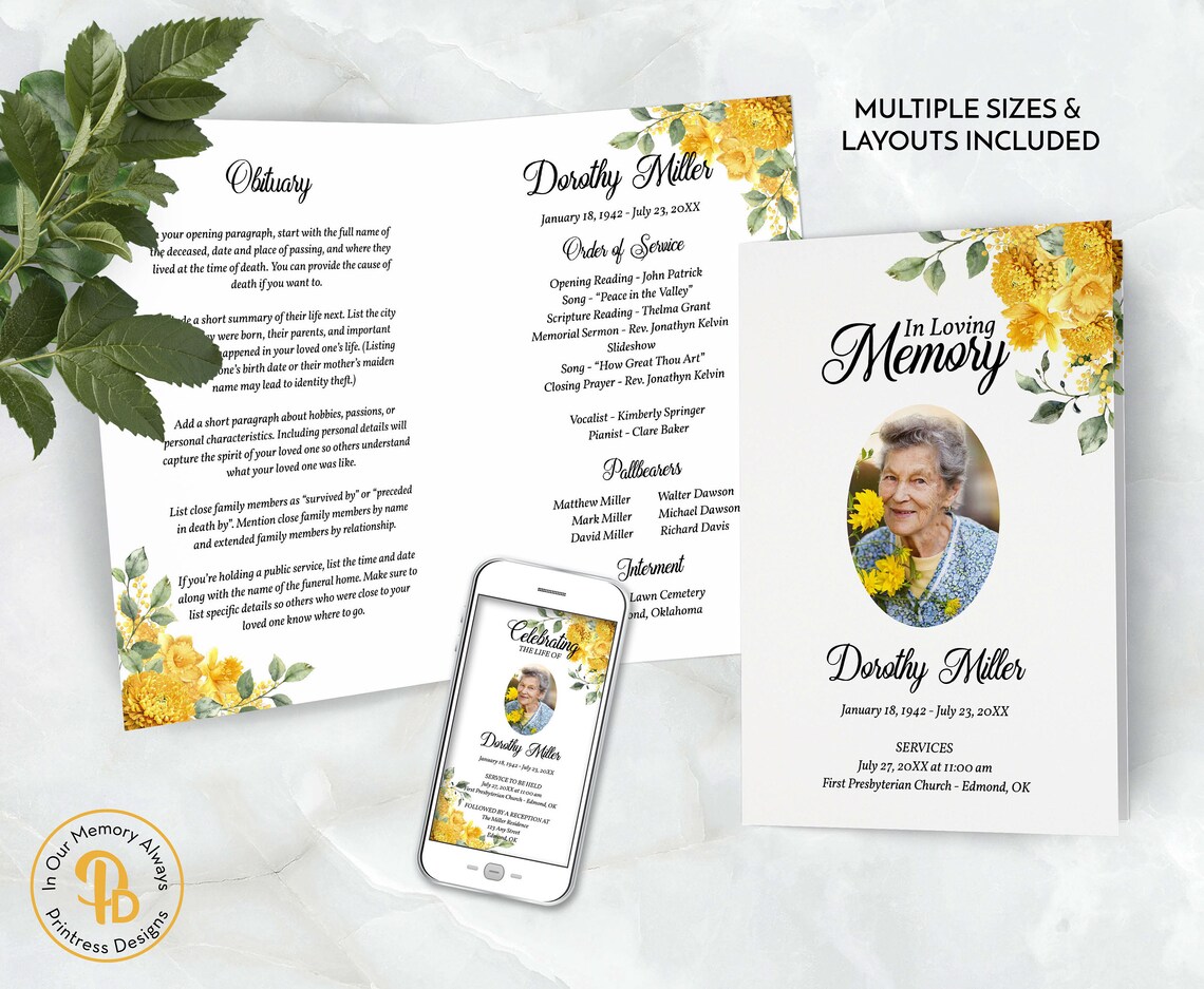 Bright Yellow Floral Funeral Program Obituary Template - Etsy