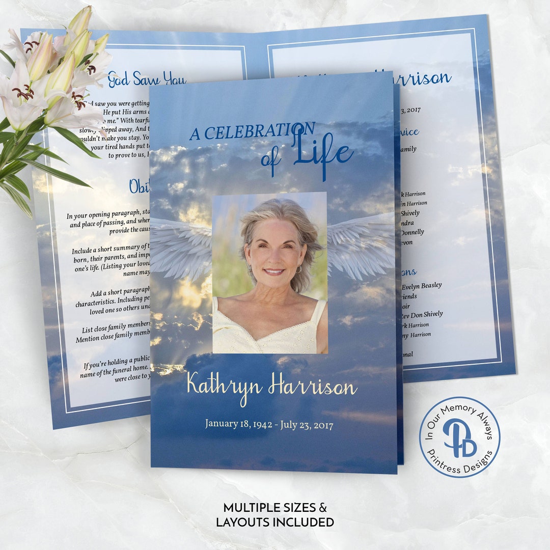 Angel in the Clouds Funeral Program, Obituary Template, Celebration of ...
