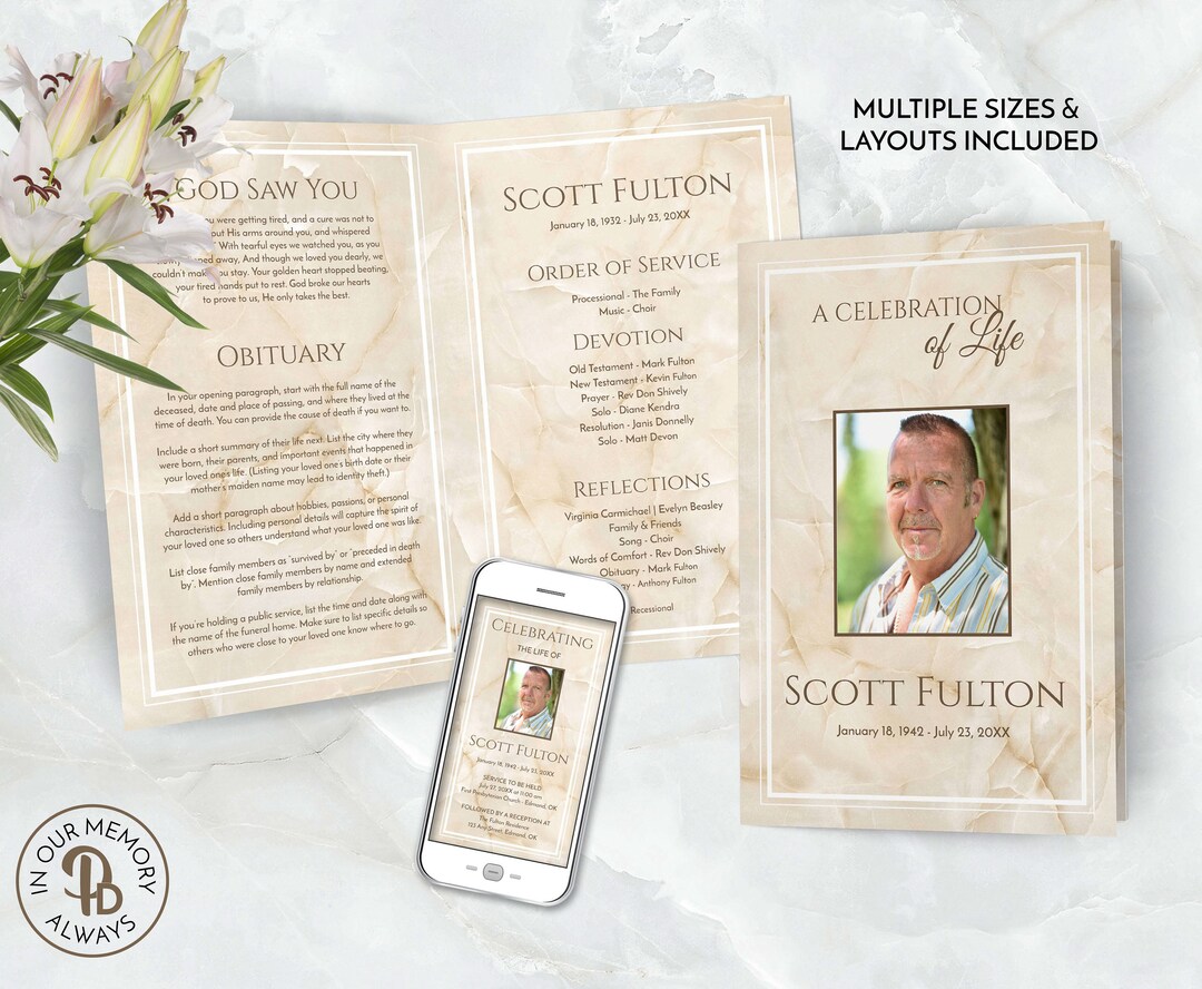Honey Marble Funeral Program Obituary Template Celebration - Etsy