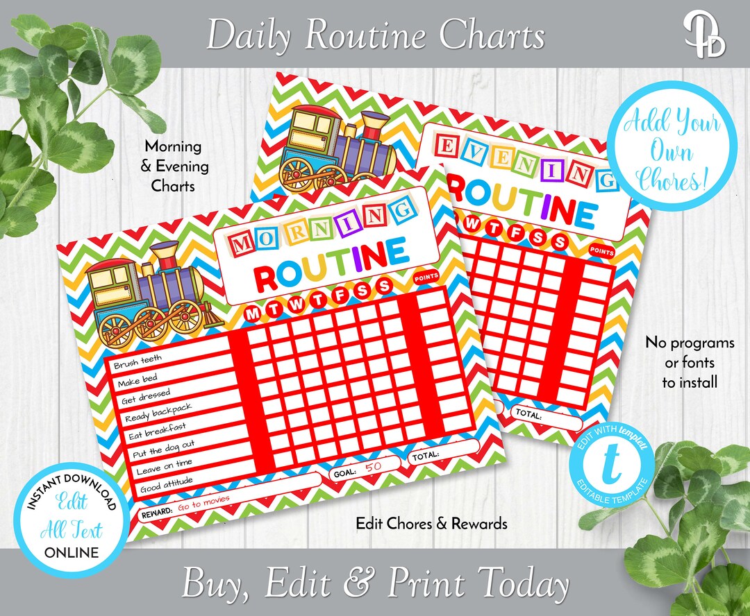 Children's Train Daily Routine Charts, Morning Routine Chart, Evening ...