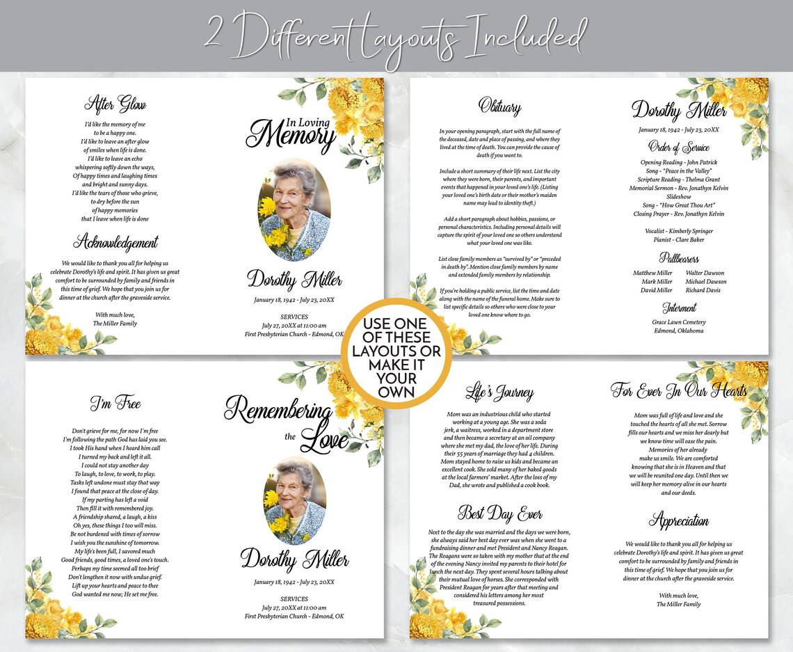 Bright Yellow Floral Funeral Program Obituary Template | Etsy