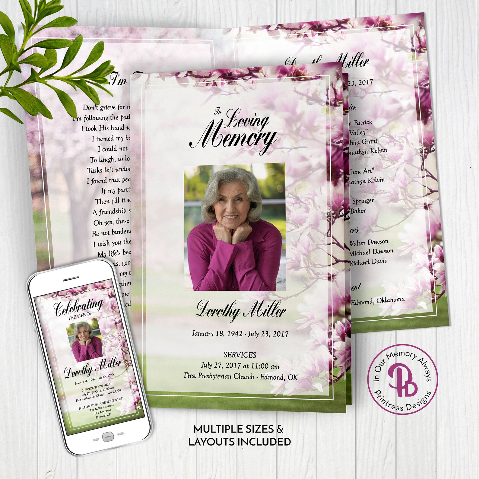 Pink Magnolia Trees Funeral Program Template, Obituary/order of Service ...