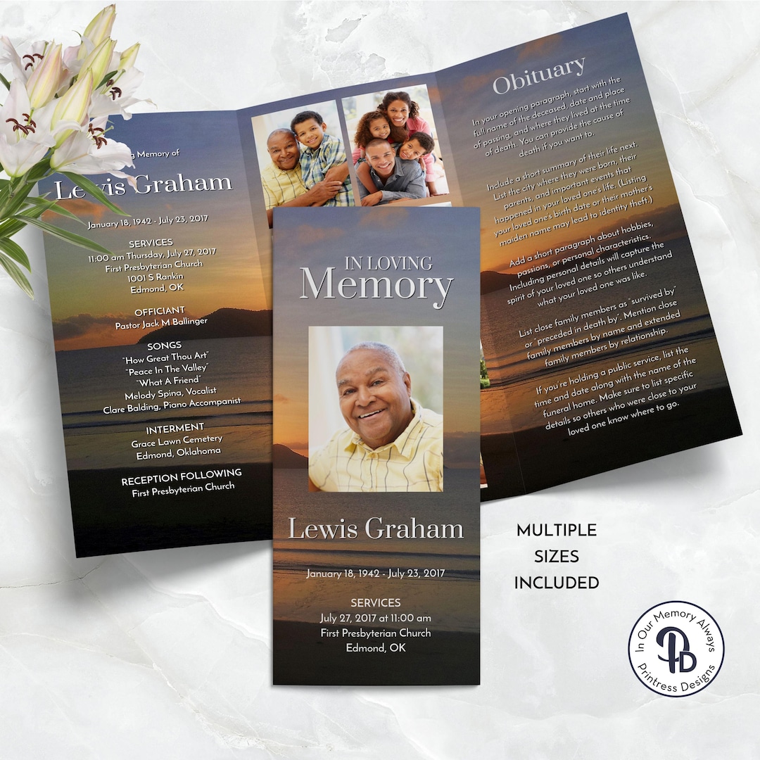 Beach Sunset Trifold Funeral Program, Obituary Template, Celebration of ...