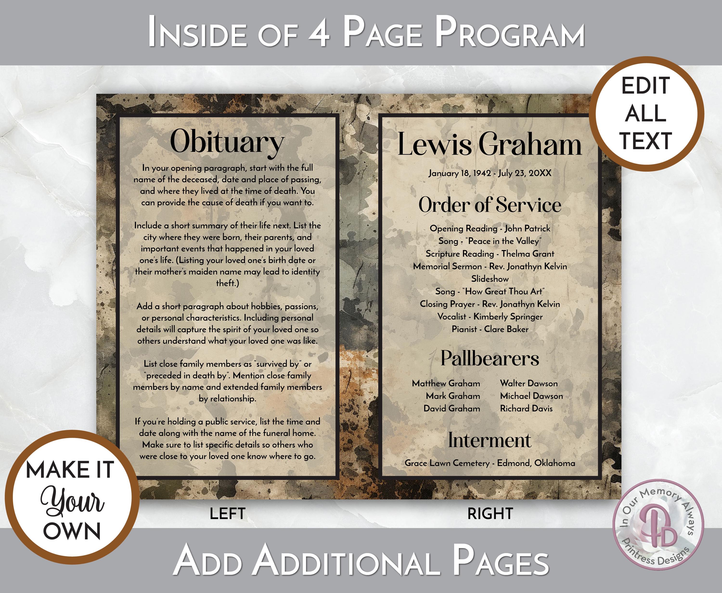 Camouflage Funeral Program Template, Memorial Service Bulletin for ...