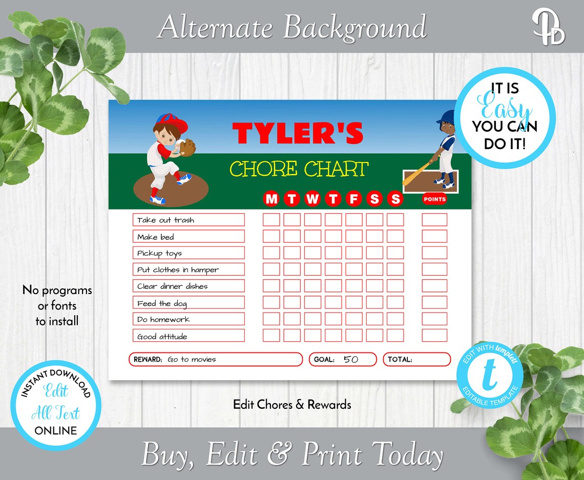 Baseball Children's Chore Chart Editable Reward Chart | Etsy