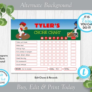 Baseball Children's Chore Chart, Editable Reward Chart, Printable Kid's ...