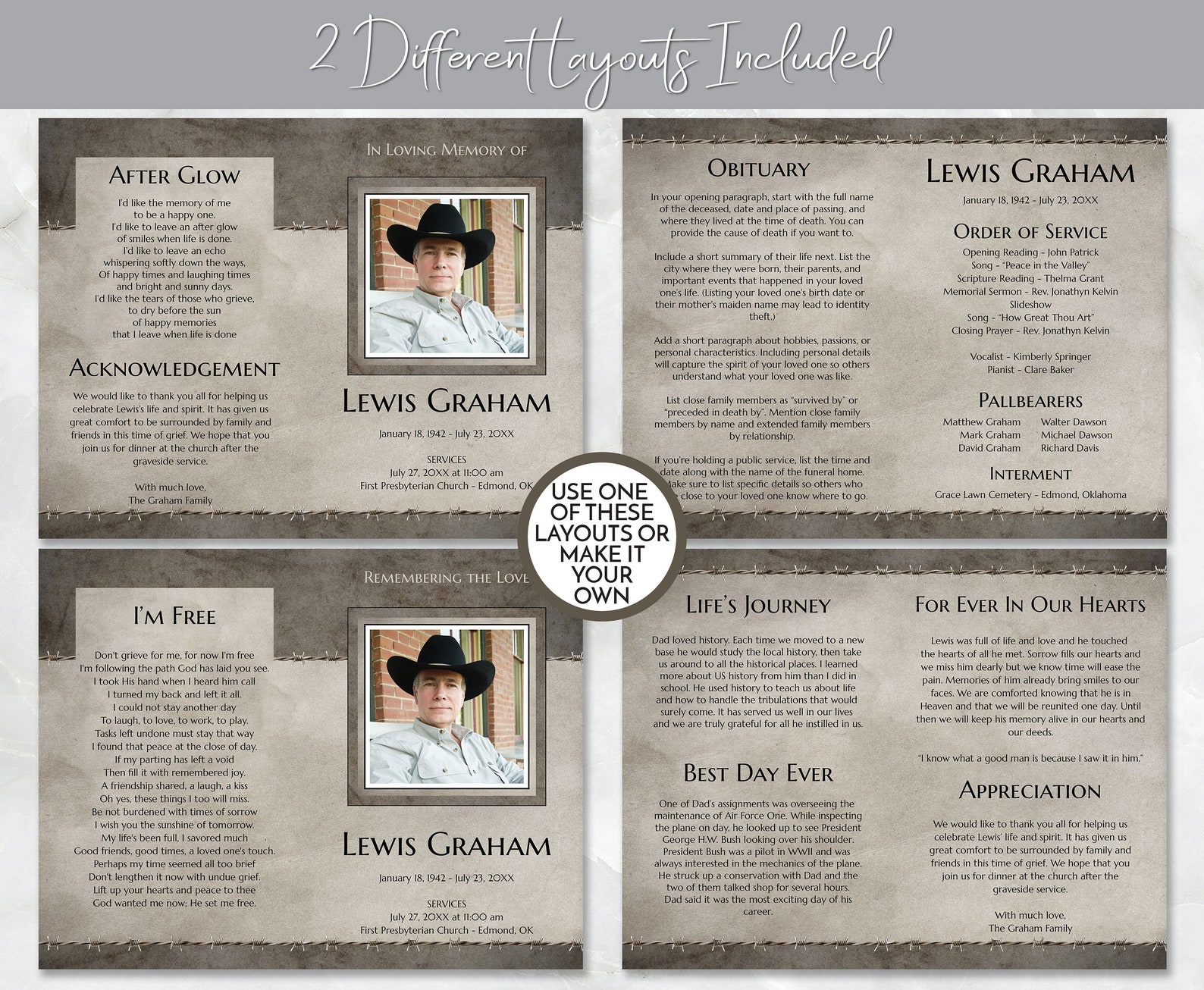 Rustic Brown Funeral Program Template, Obituary Template, Celebration ...