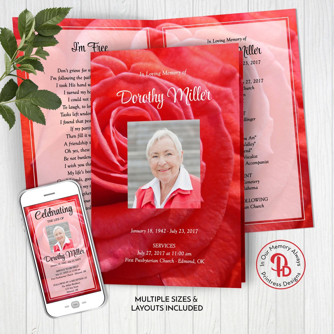 Coral Red Rose Funeral Program Template, Obituary/order of Service ...