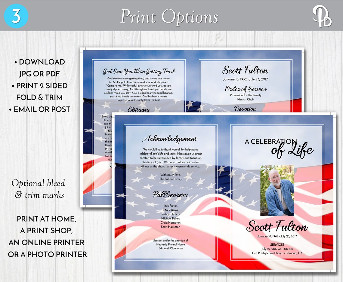 Waving Flag Funeral Program Template Patriotic Obituary/order - Etsy