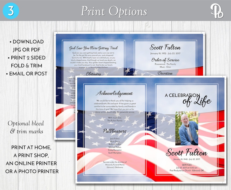 Waving Flag Funeral Program Template, Patriotic Obituary/order of ...