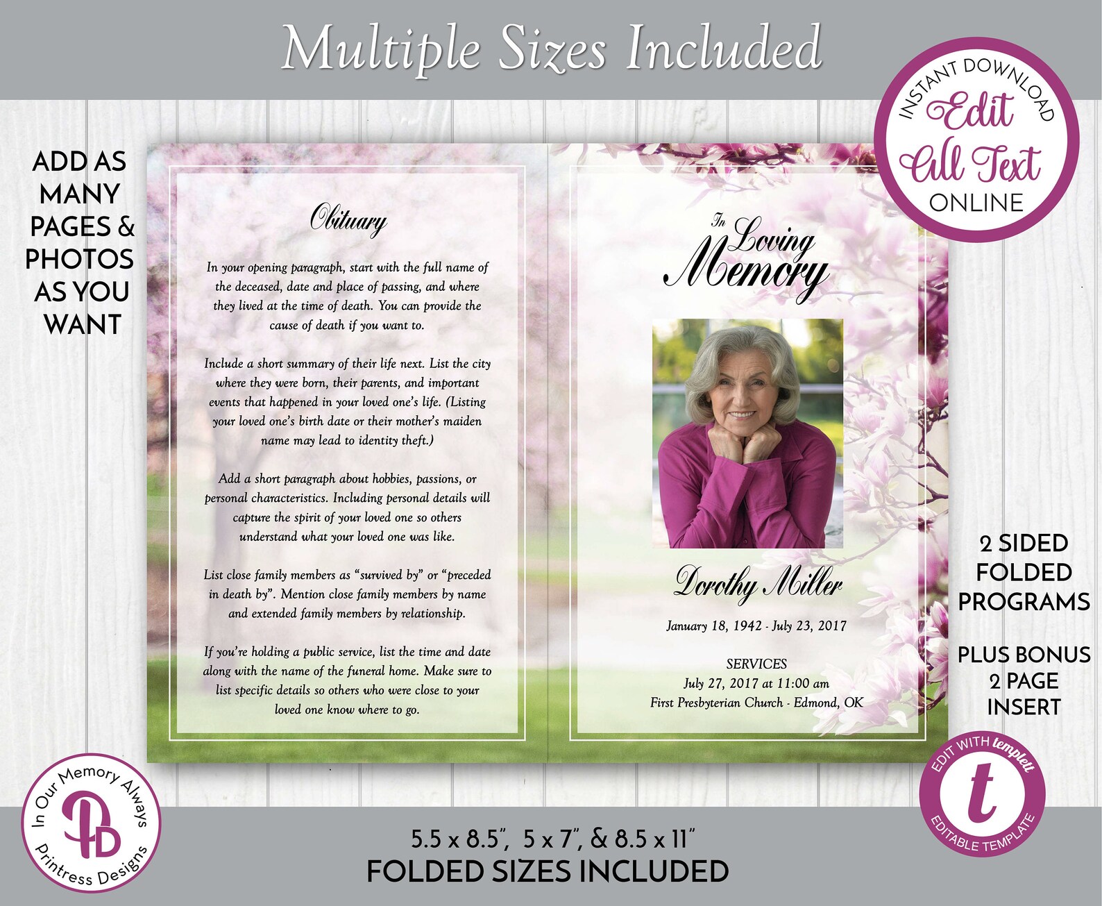 Pink Magnolia Trees Funeral Program Template, Obituary/order of Service ...