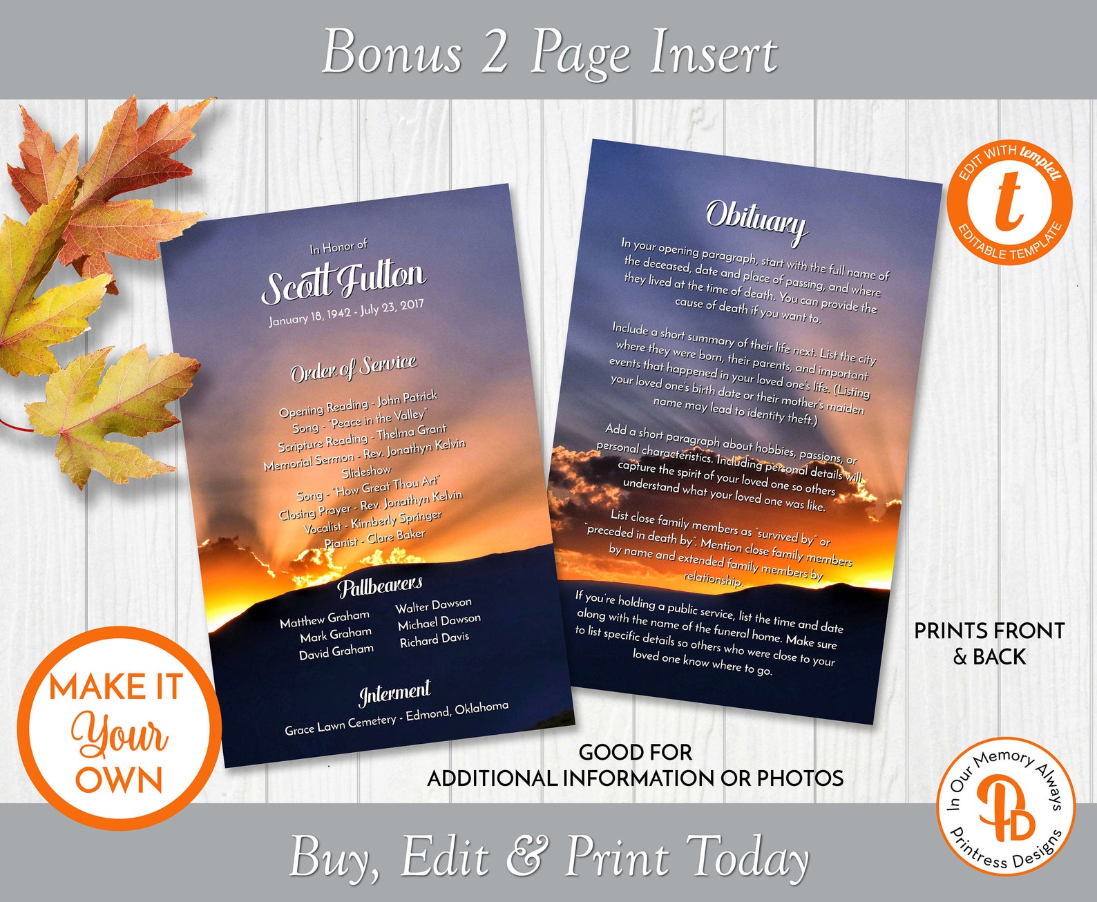 Sunset Sunrays Funeral Program Template, Obituary/order of Service ...