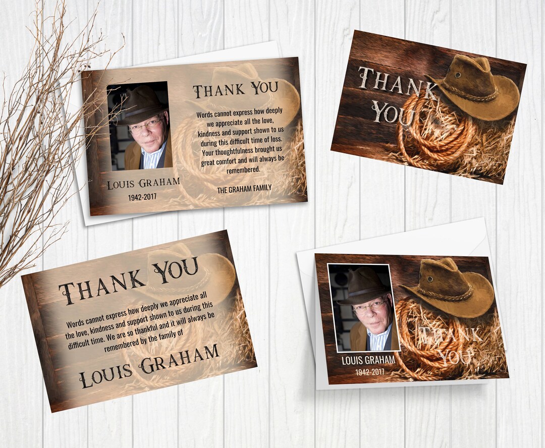 Cowboy Hat & Rope Funeral Thank You Cards, Memorial Favor, Celebration ...