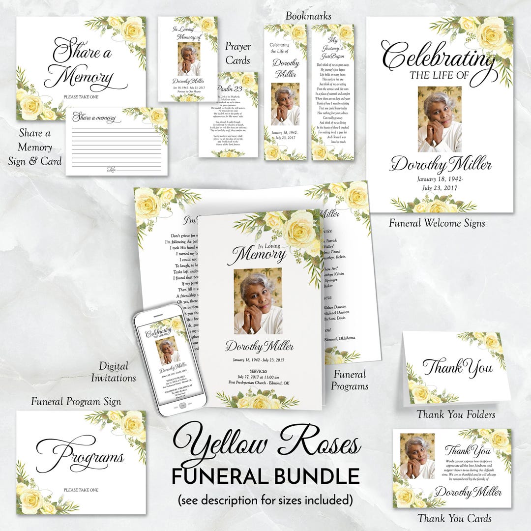 Soft Yellow Roses Funeral Program Bundle, Bookmarks, Prayer Cards ...