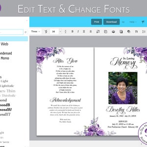 Purple Roses Funeral Program Template, Obituary Template, Lavender ...