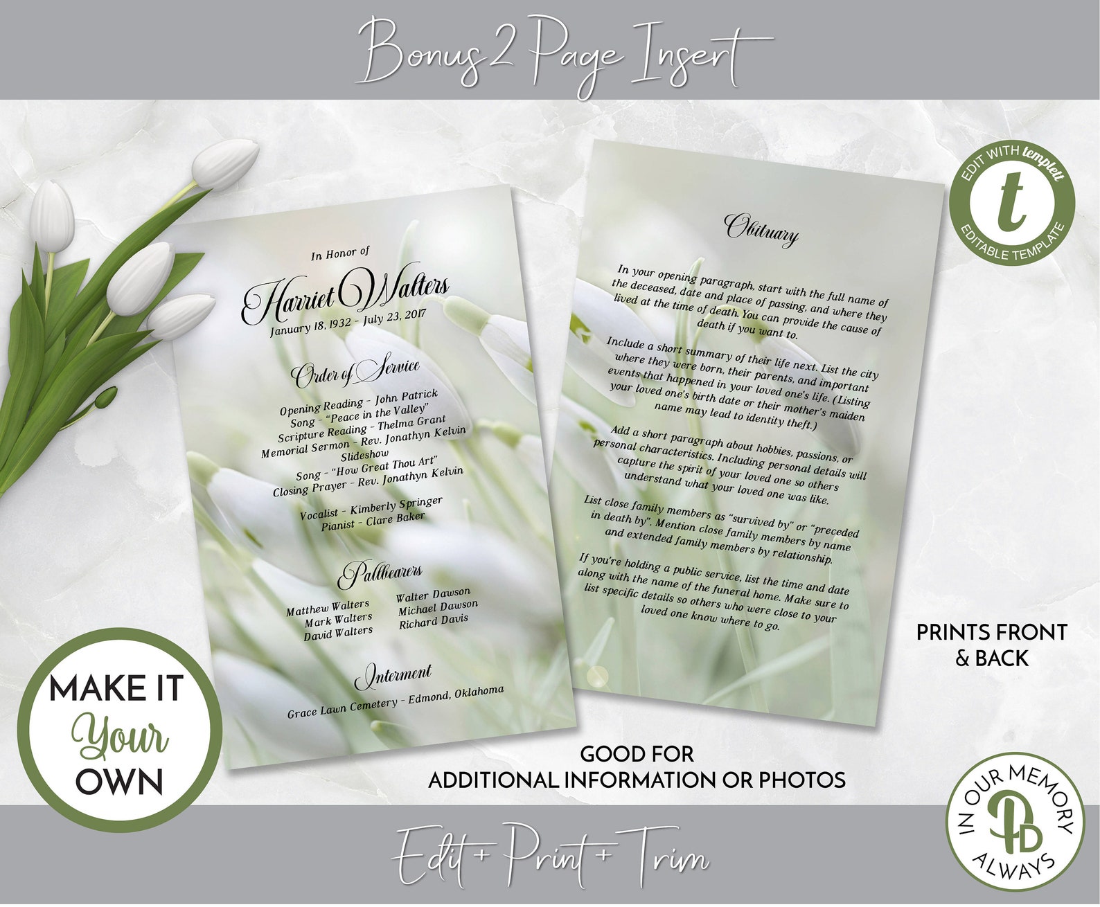 Early Spring Blooms Funeral Program Obituary Template - Etsy