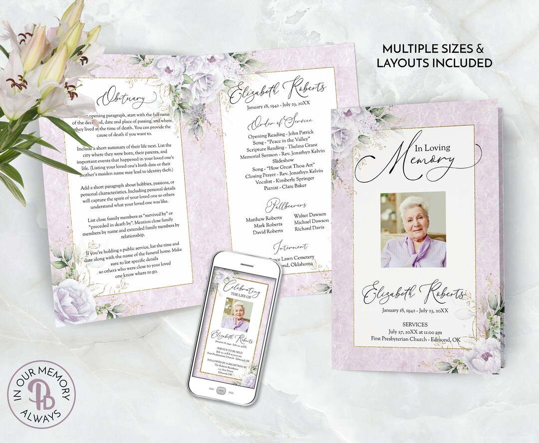 Mauve Floral Funeral Program Obituary Template Celebration - Etsy