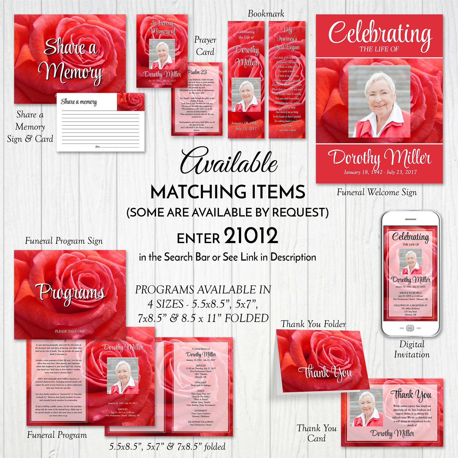 Coral Red Rose Trifold Funeral Program, Obituary Template, Celebration ...