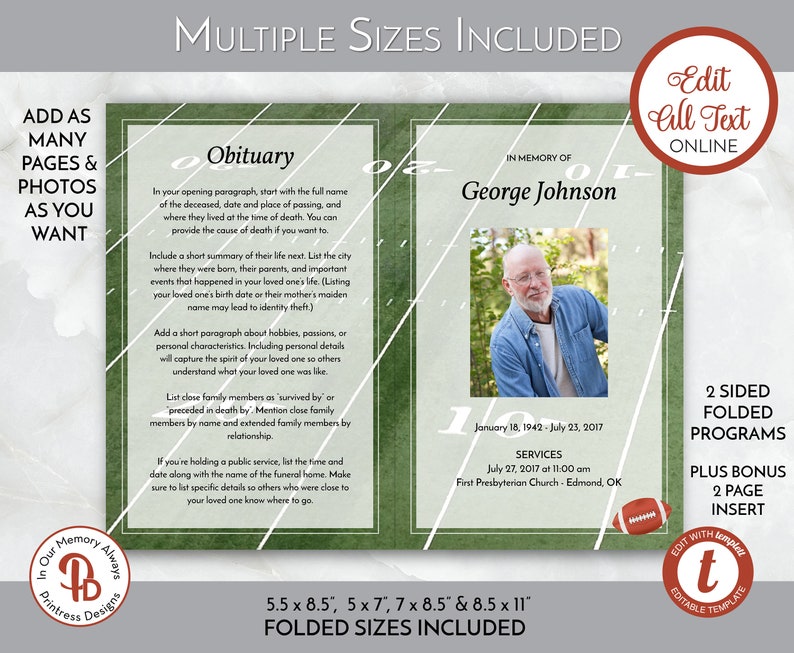 Football Funeral Program Template, Celebration of Life Memorial Service ...
