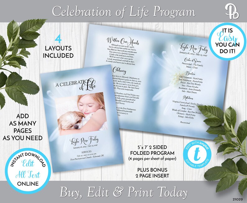 Soft Blue Daisy Funeral Program Template Obituary/order of | Etsy