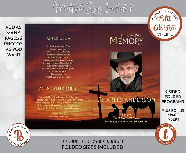 Cowboy Kneeling at Sunset Funeral Program Obituary Template - Etsy