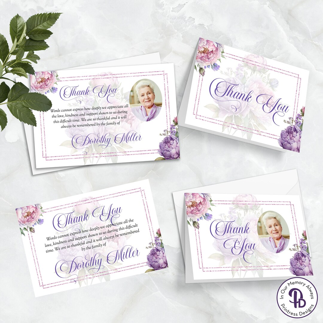 Pink and Purple Peony Funeral Thank You Cards, Memorial Favor ...
