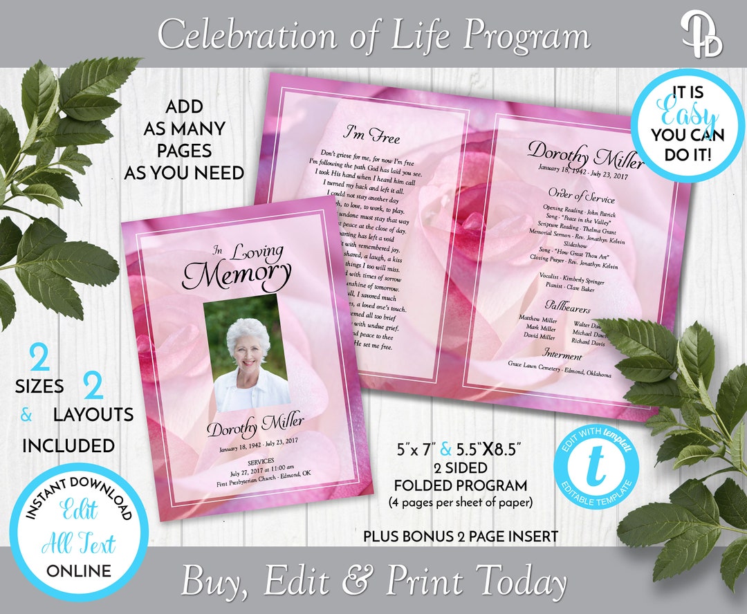 Pink Rose Funeral Program Template Obituary/order of Service - Etsy