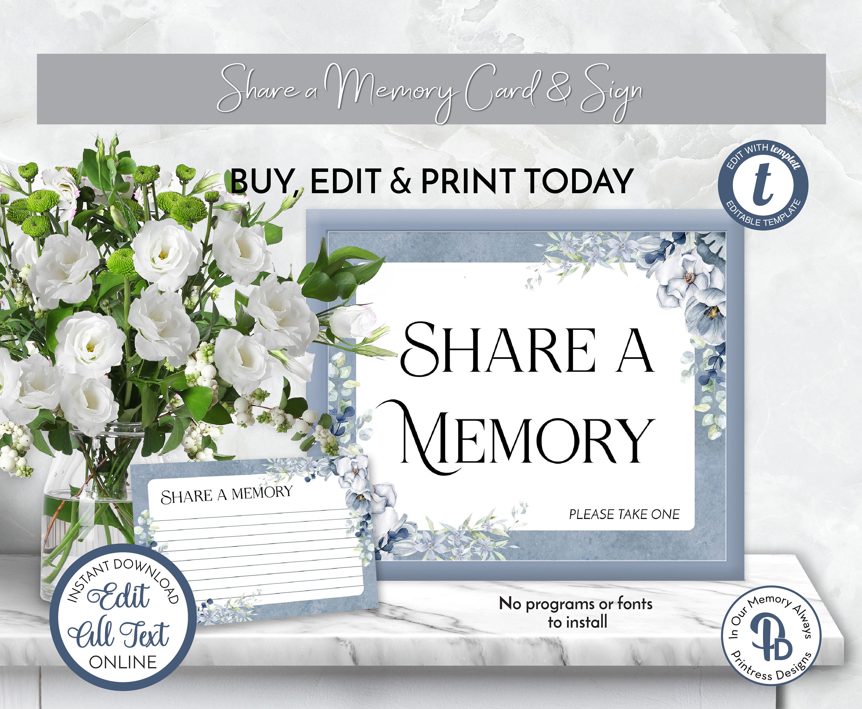 Slate Blue Floral Share a Memory Card and Sign, Memorial Favor ...