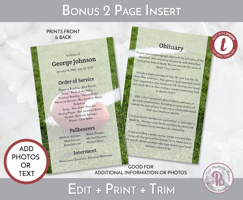 Football Fan Funeral Program Template, Obituary/order of Service ...