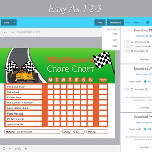 Race Car Children's Chore Chart, Editable Reward Chart, Printable Kid's ...