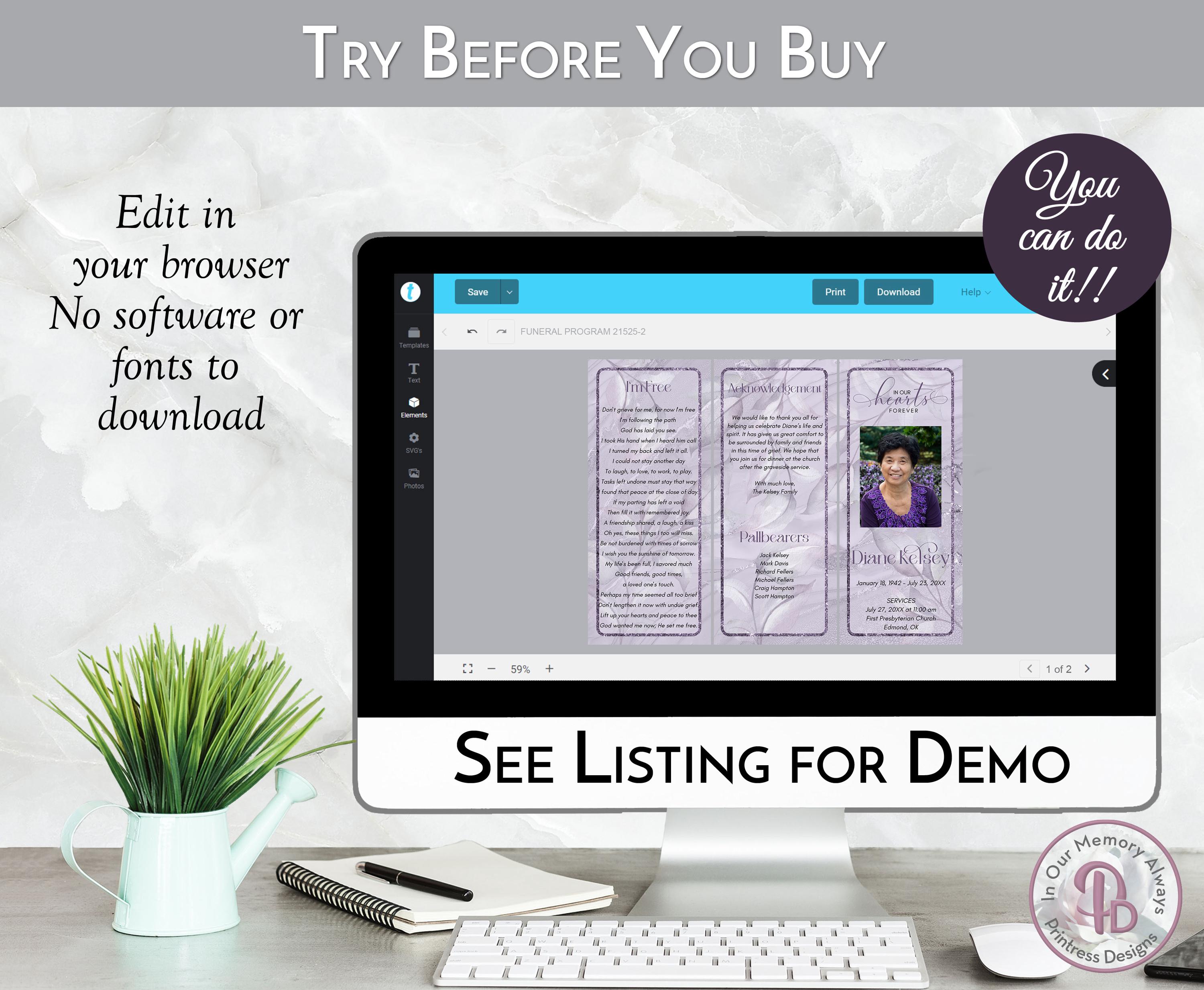 Lavender Marble Trifold Funeral Program, Obituary Template, Leaves ...