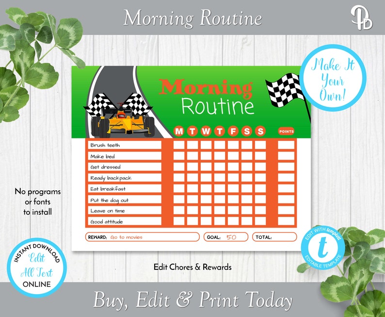 Race Car Children's Daily Routine Charts Morning Routine - Etsy