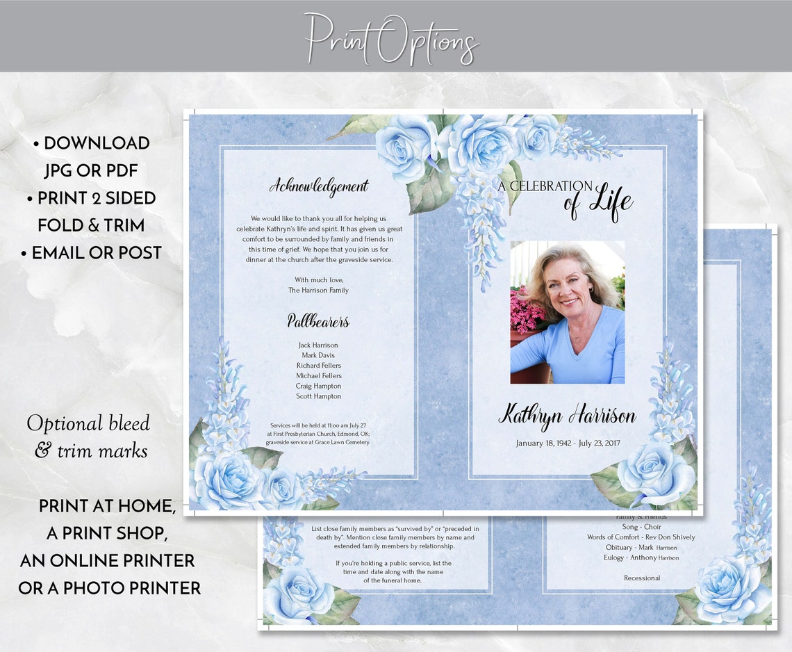 Blue Roses Funeral Program Template, Obituary/order of Service Template ...