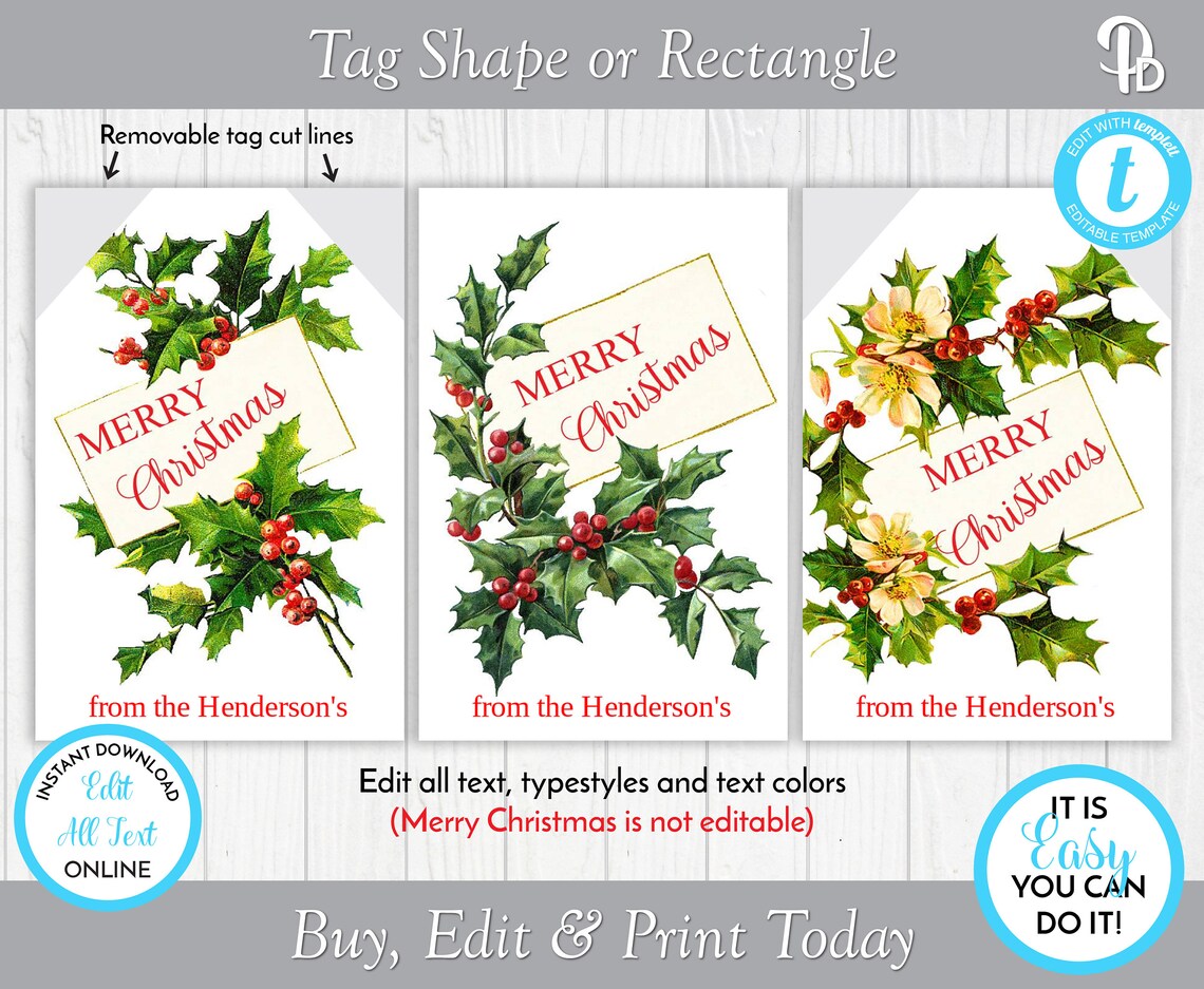 Christmas Holly Gift Tags Template Holiday Ornament Gift - Etsy